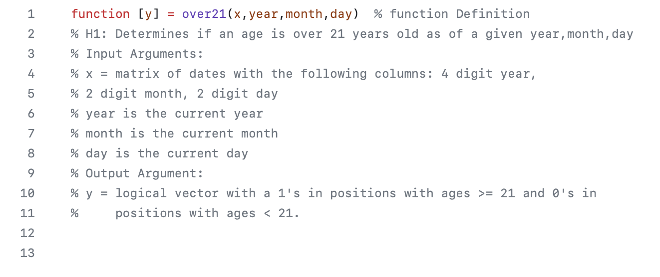 Solved function [y]= over21 (x, year, month, day )% function | Chegg.com