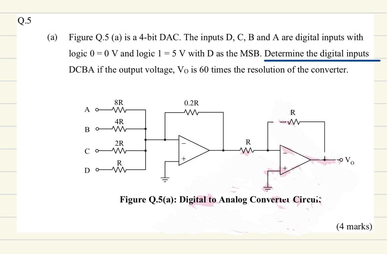 Solved Figure Q.5 (a) is a 4-bit DAC. The inputs D, C, B and | Chegg.com