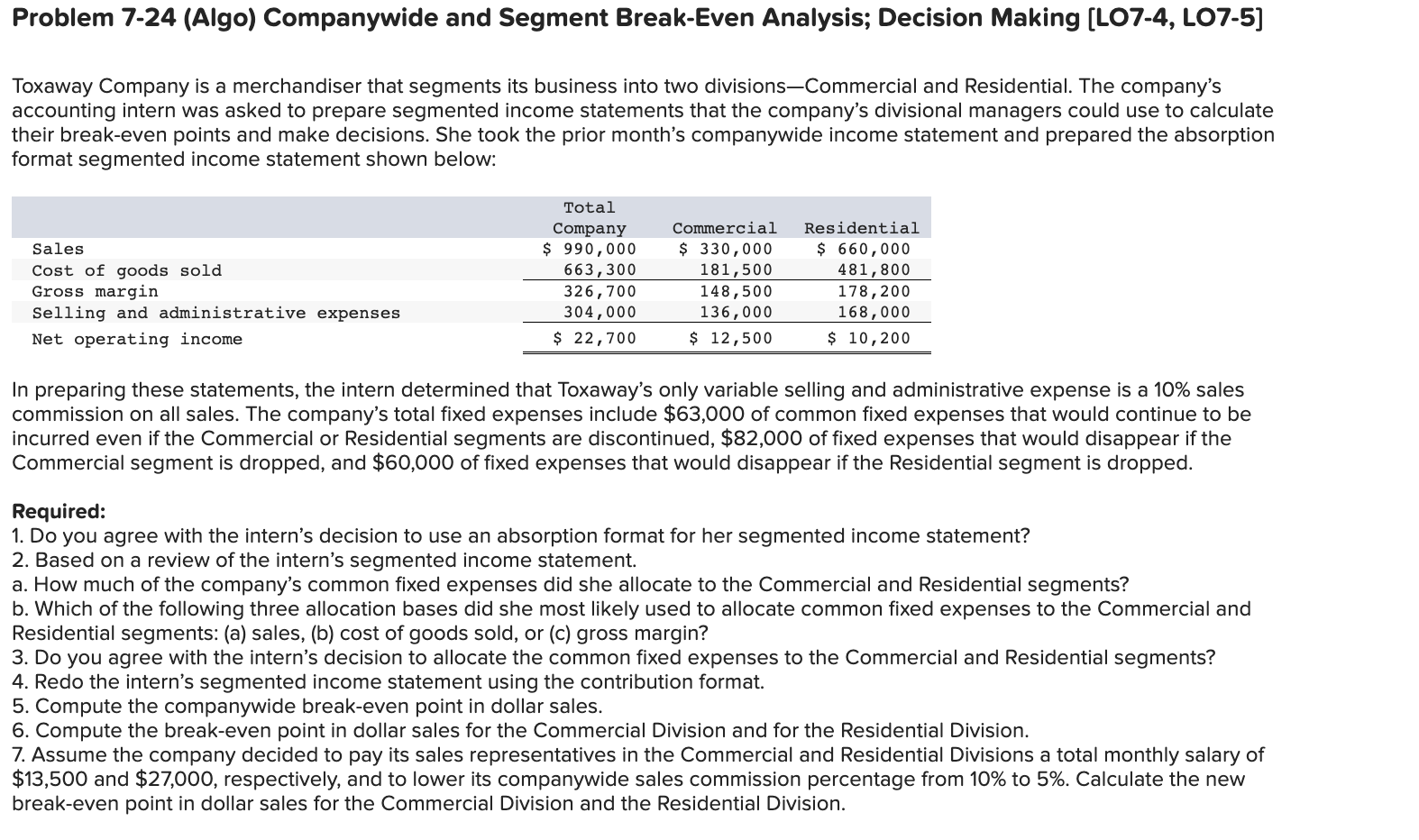 Solved Problem 7-24 (Algo) Companywide and Segment | Chegg.com