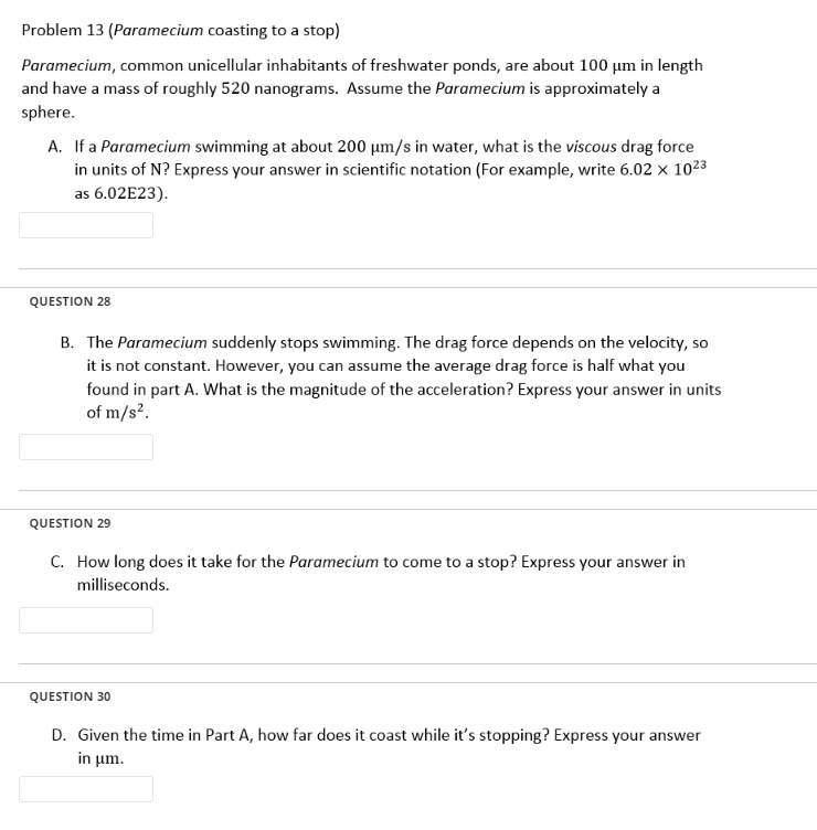 Solved Problem 13 (Paramecium coasting to a stop) | Chegg.com