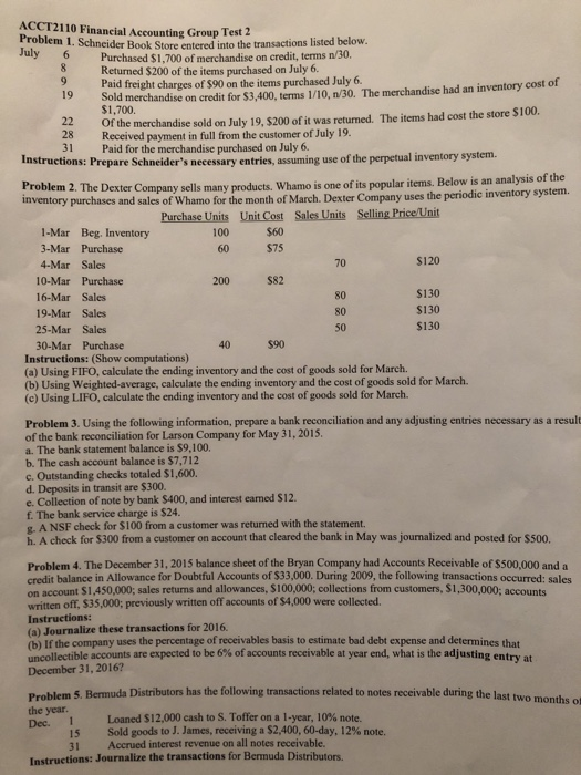 ACCT2110 Financial Accounting Group Test 2 Problem 1. | Chegg.com