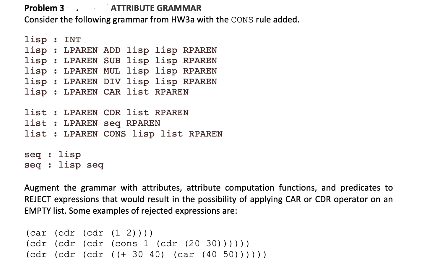 Problem 3 ATTRIBUTE GRAMMAR Consider the following | Chegg.com