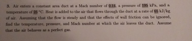 Solved 3. Air enters a constant area duct at a Mach number | Chegg.com
