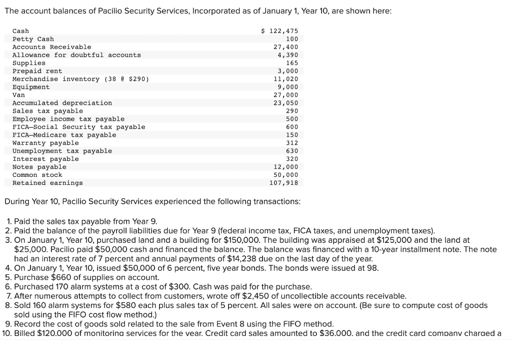 The account balances of Pacilio Security Services, | Chegg.com