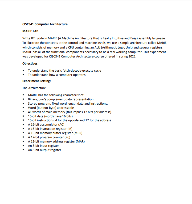 Solved CISC341 Computer Architecture MARIE LAB Write RTL | Chegg.com