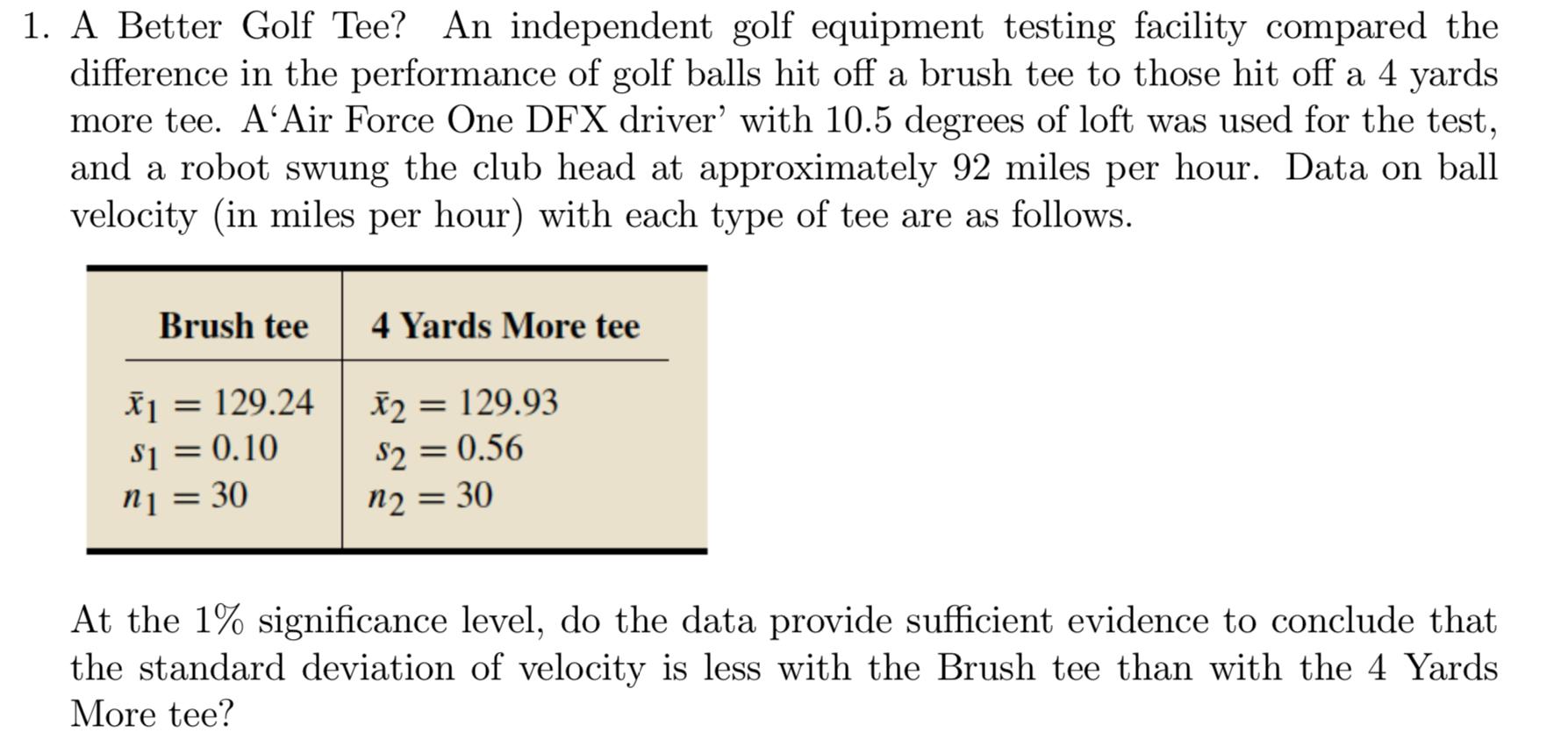 Solved 1. A Better Golf Tee? An independent golf equipment | Chegg.com