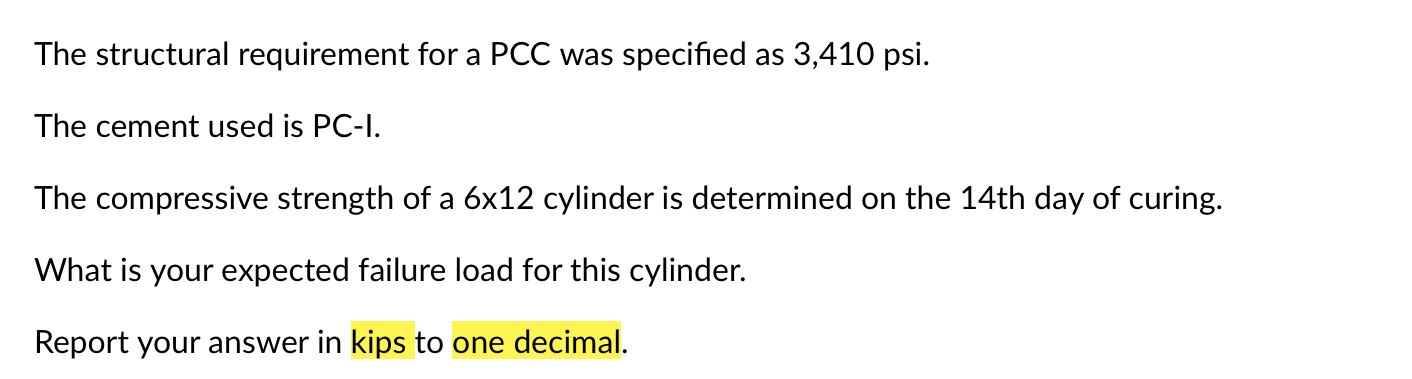 Solved The structural requirement for a PCC was specified as | Chegg.com