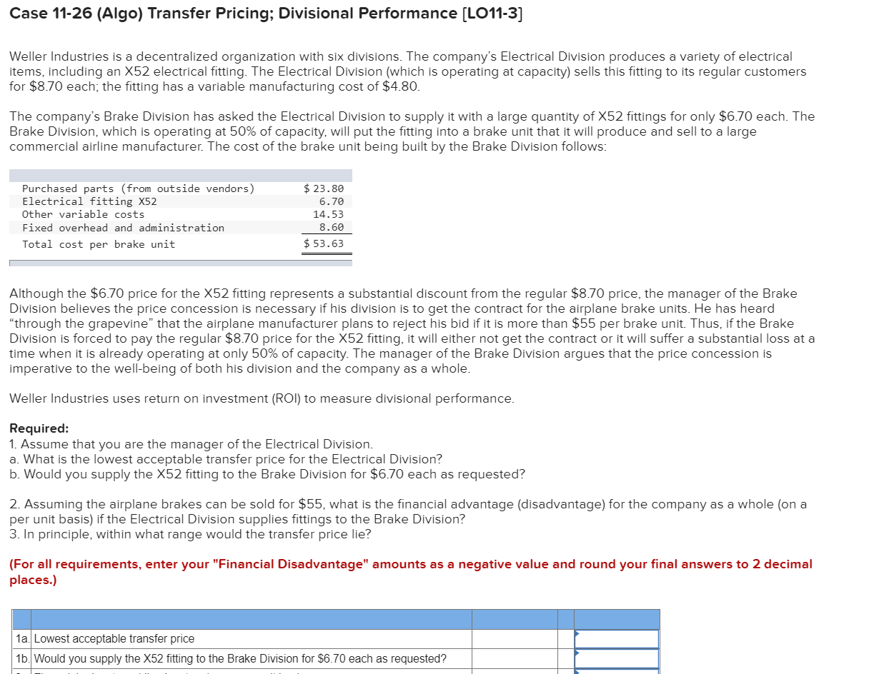 Solved Problem 11-20 (Algo) Transfer Price with an Outside | Chegg.com