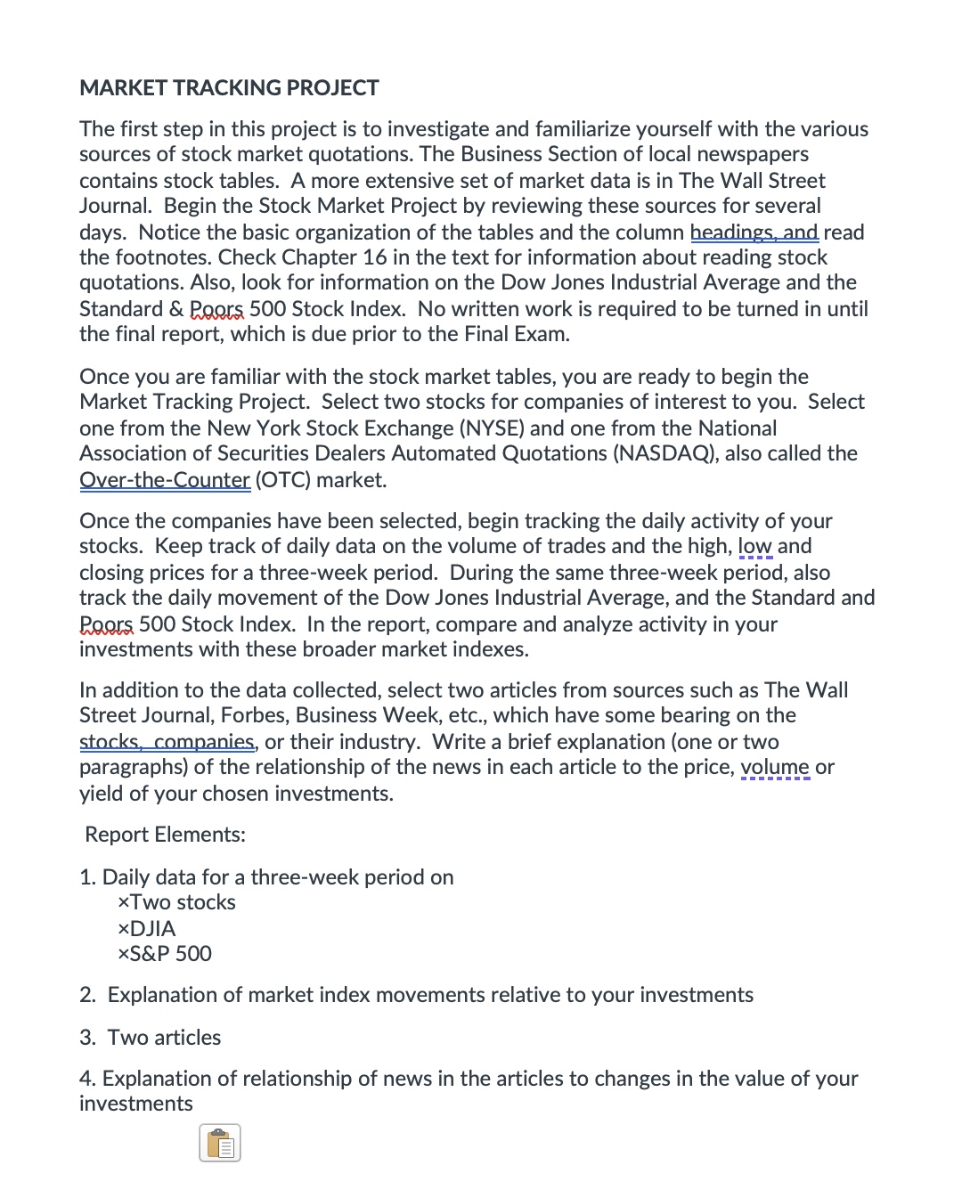 Solved MARKET TRACKING PROJECT The first step in this | Chegg.com