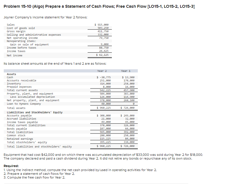 Solved Problem 15-10 (Algo) Prepare a Statement of Cash | Chegg.com