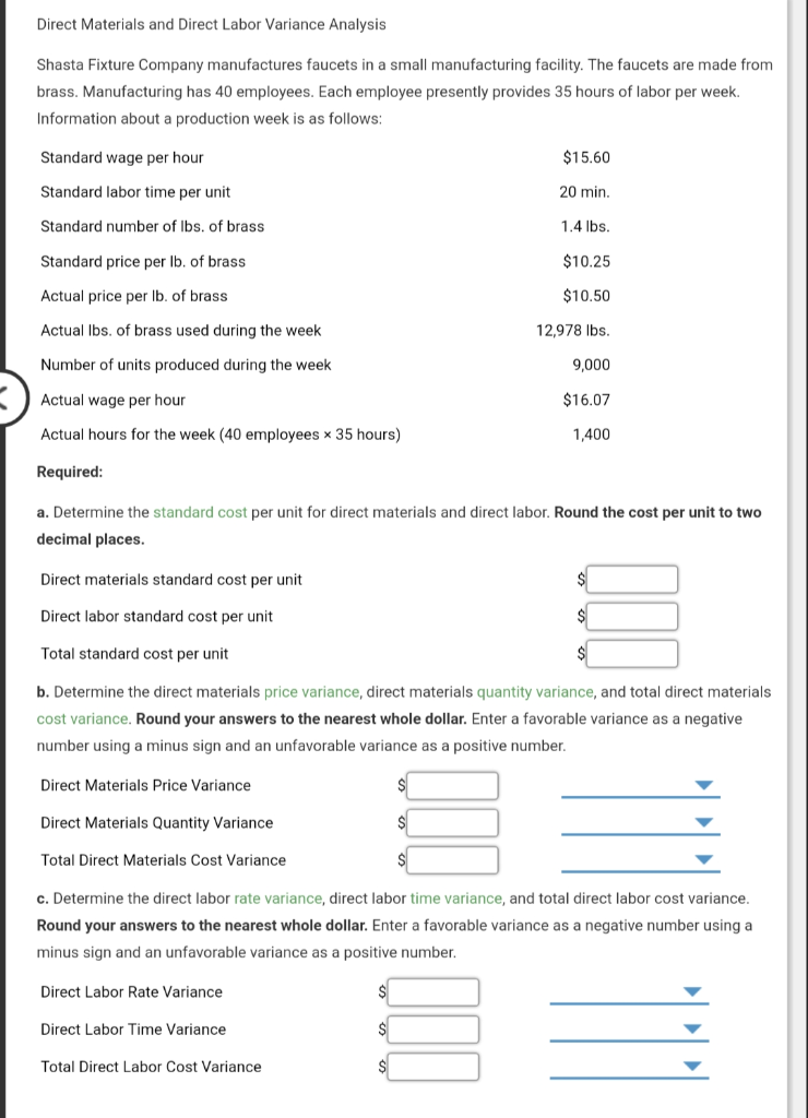 Solved Direct Materials and Direct Labor Variance Analysis | Chegg.com