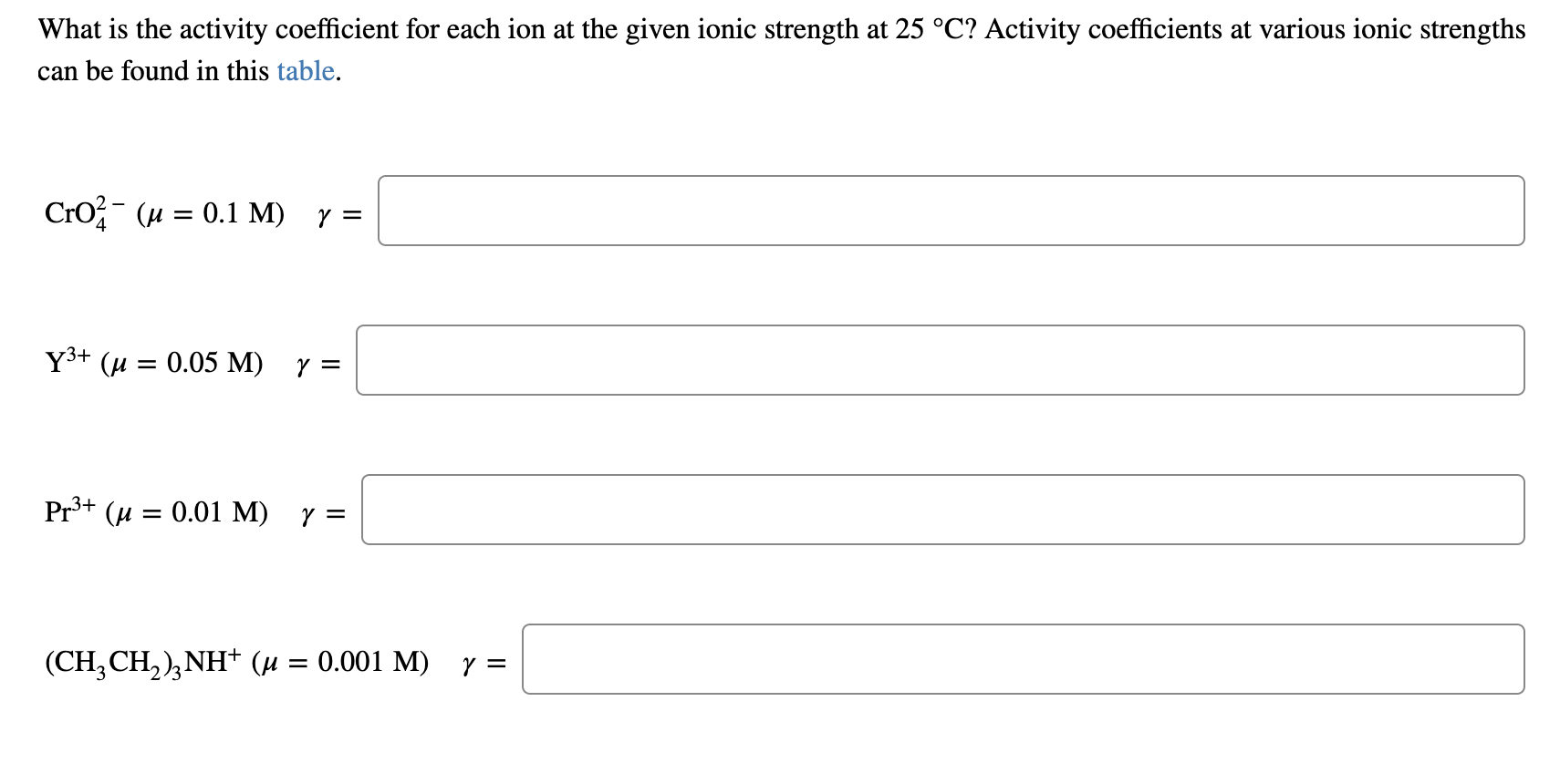 Solved What is the activity coefficient for each ion at the | Chegg.com