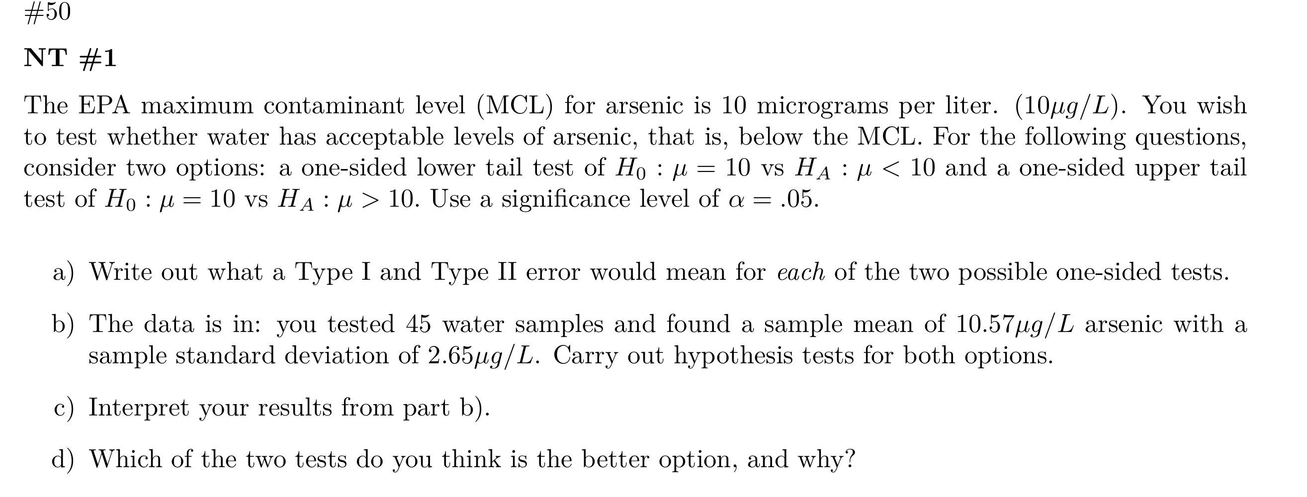 Solved The EPA maximum contaminant level (MCL) for arsenic | Chegg.com