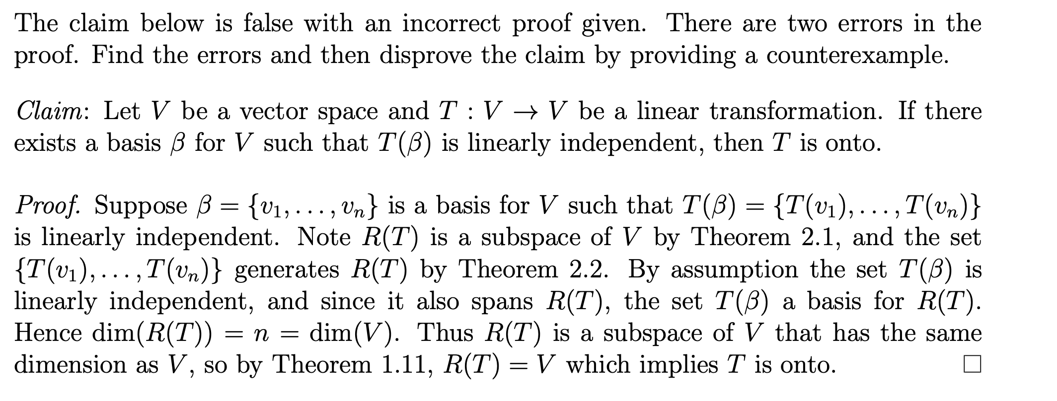 Solved The claim below is false with an incorrect proof | Chegg.com