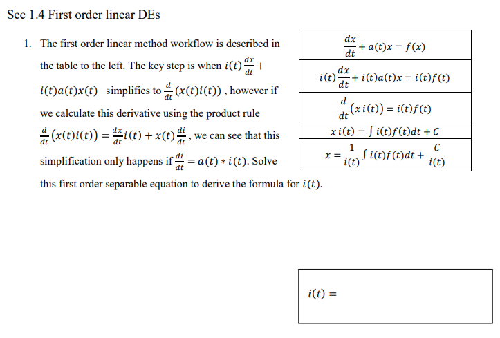 Solved dx dt Sec 1.4 First order linear DES dx 1. The first | Chegg.com