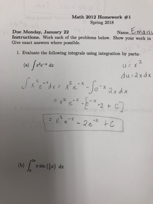 Solved Math 2012 Homework #1 Spring 2018 Due Monday, January | Chegg.com