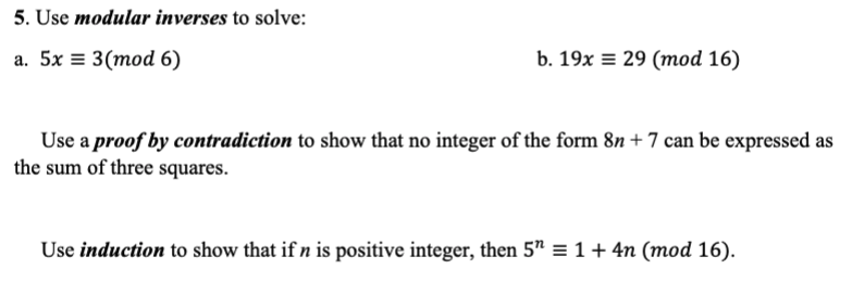 Solved 5. Use modular inverses to solve: a. 5x≡3(mod6) b. | Chegg.com