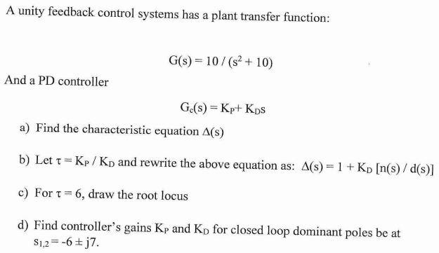 Solved A unity feedback control systems has a plant transfer | Chegg.com