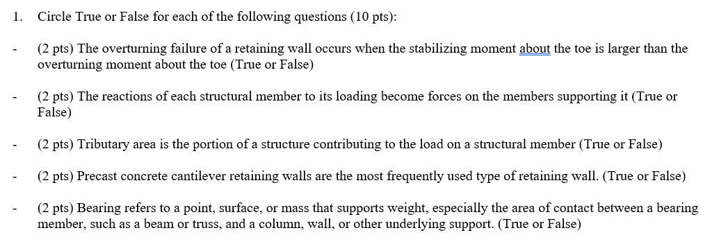 Solved 1. Circle True or False for each of the following | Chegg.com