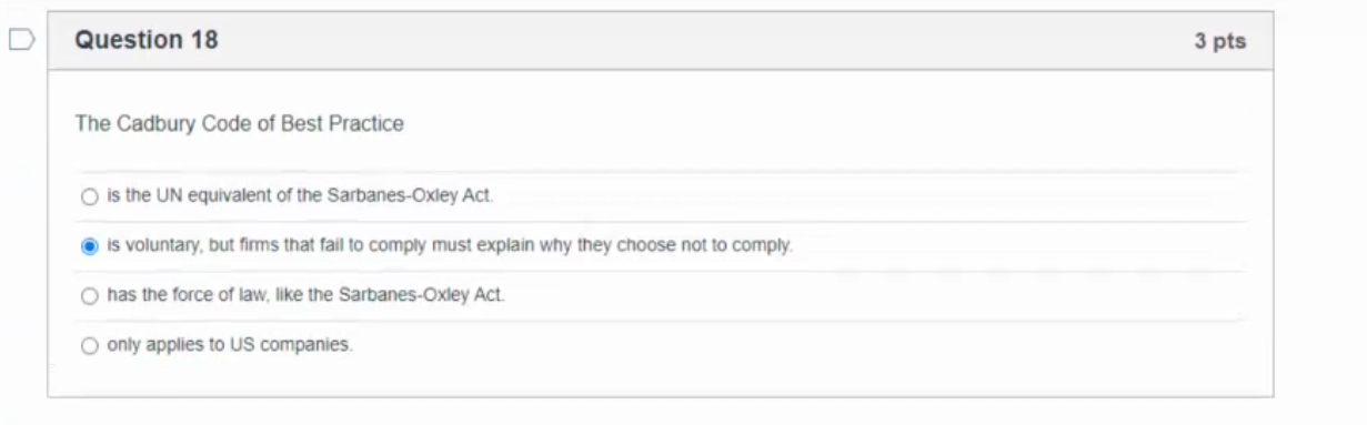 Solved Question 18 3 pts The Cadbury Code of Best Practice | Chegg.com