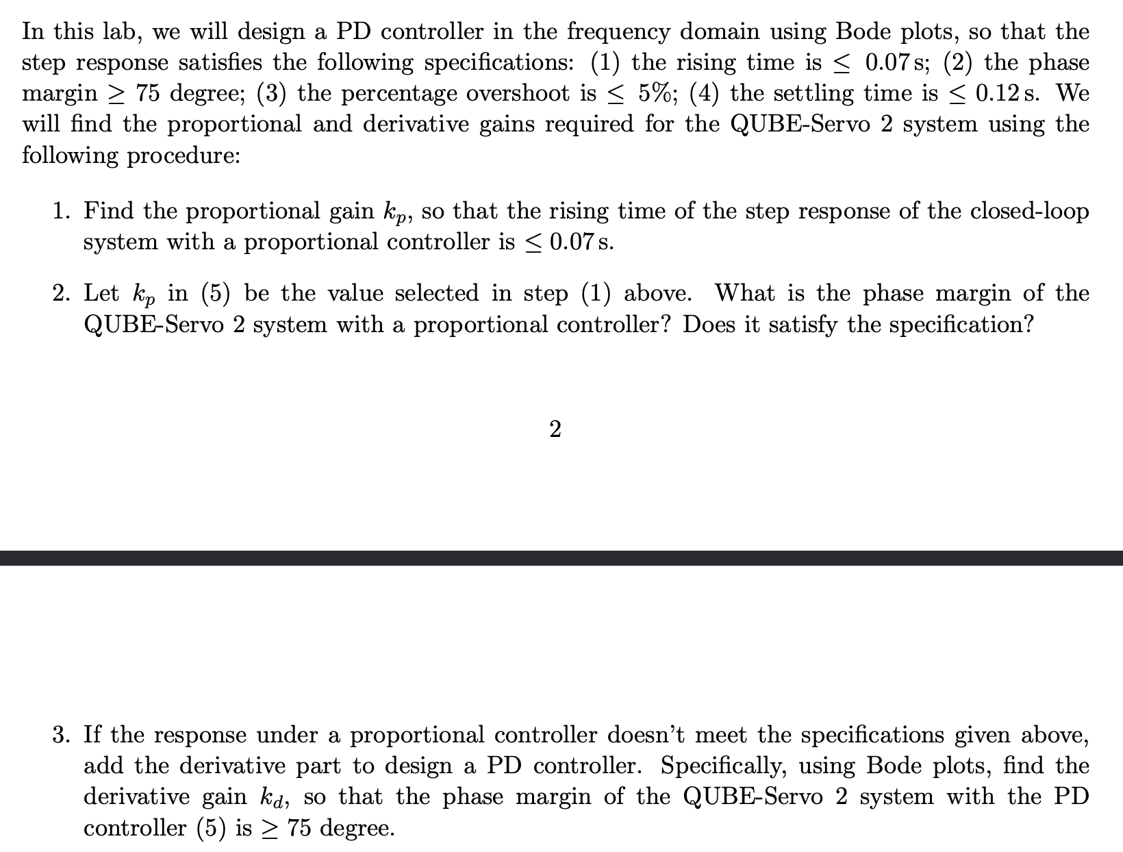 Solved In this lab, we will design a PD controller in the | Chegg.com