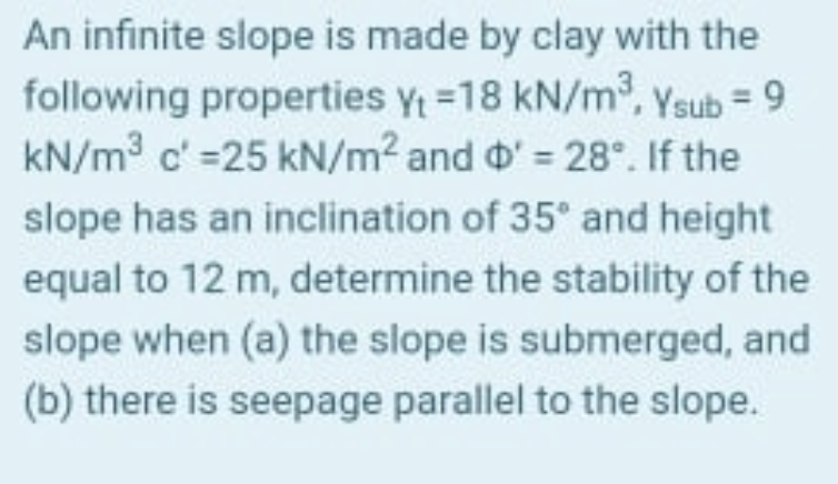 Solved An infinite slope is made by clay with the following | Chegg.com