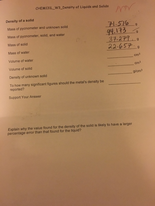 Solved Density Of Liquids And Solids Introduction Density Is