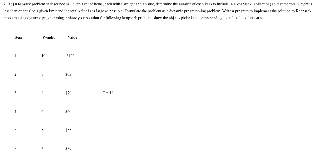 Solved 2. [18] Knapsack problem is described as Given a set | Chegg.com