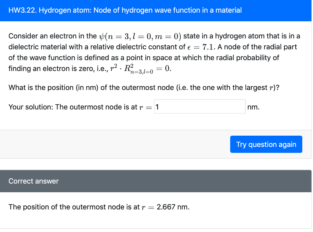Solved HW3.22. Hydrogen atom: Node of hydrogen wave function | Chegg.com