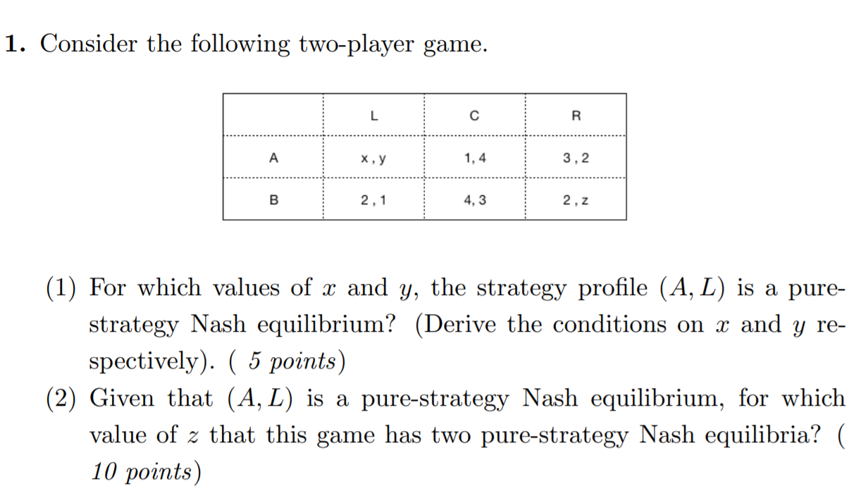 Solved 1. Consider the following two-player game. x,y 1,4 | Chegg.com