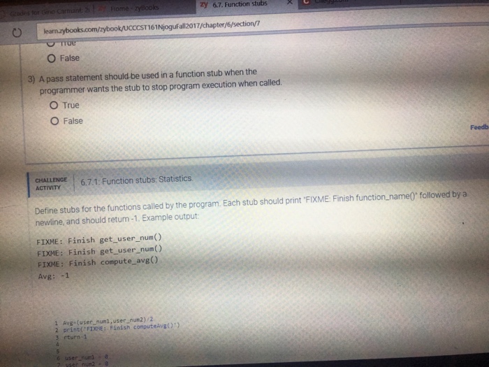 Solved ome-zyBooks y 6.7. Function stubs | Chegg.com