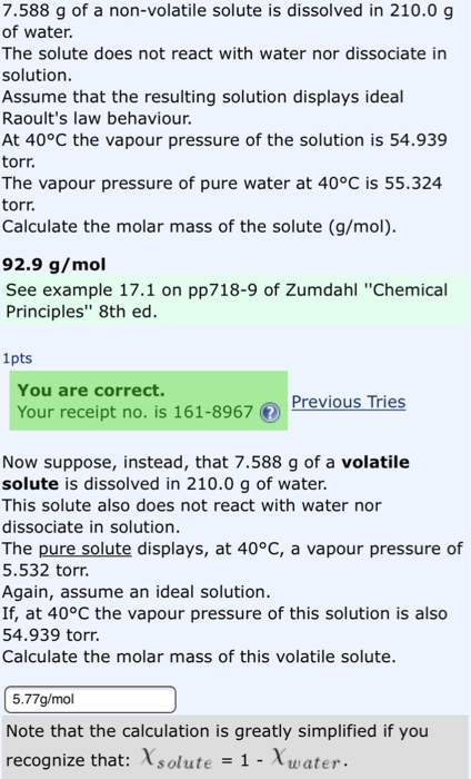 Solved 7.588 g of a non-volatile solute is dissolved in | Chegg.com