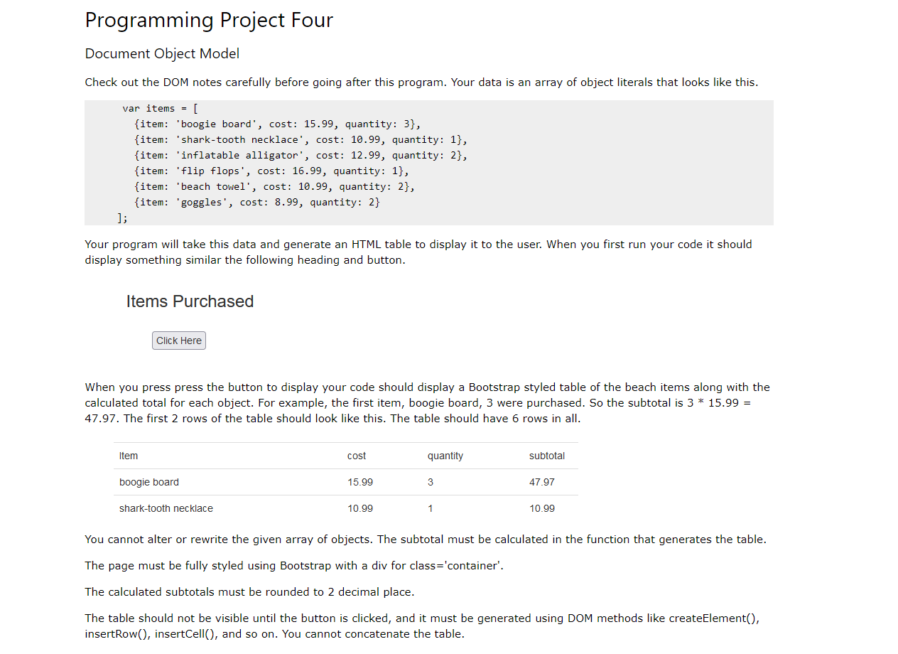 Programming Project Four Document Object Model Check | Chegg.com