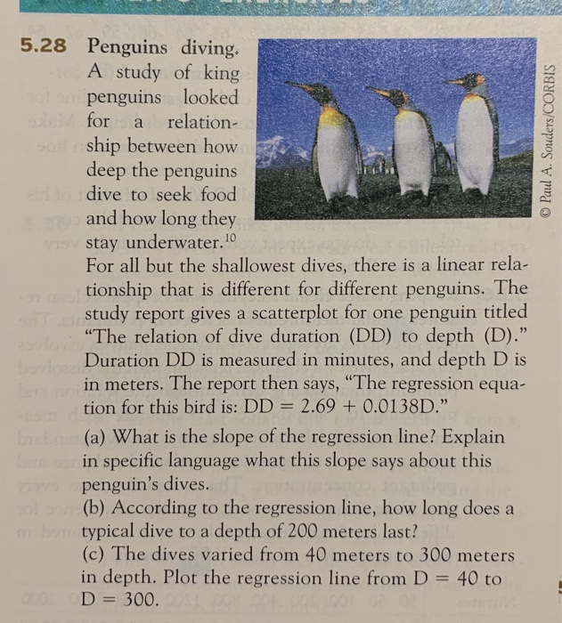 Solved 5.28 Penguins diving. A study of king penguins looked | Chegg.com