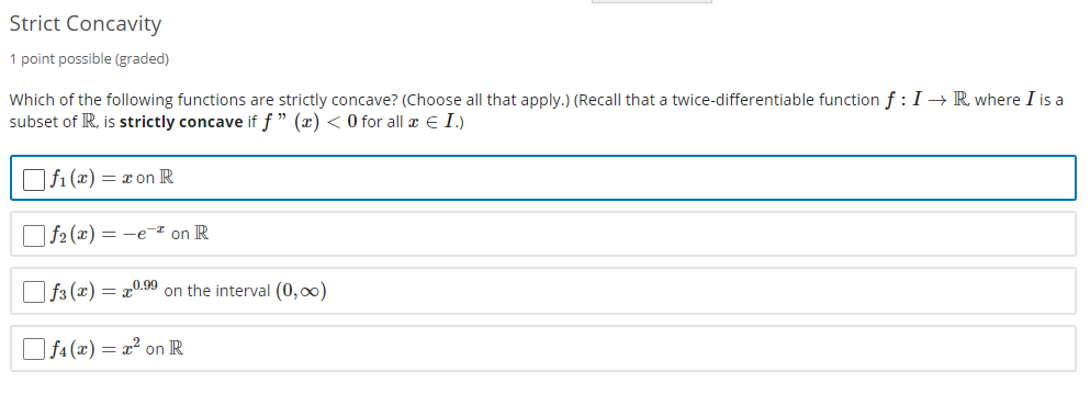 Solved Strict Concavity 1 point possible (graded) Which of | Chegg.com