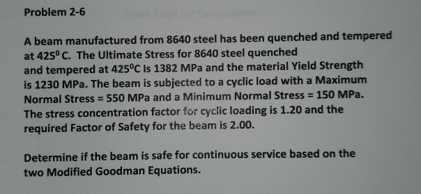 Solved Problem 2-6 A beam manufactured from 8640 steel has | Chegg.com