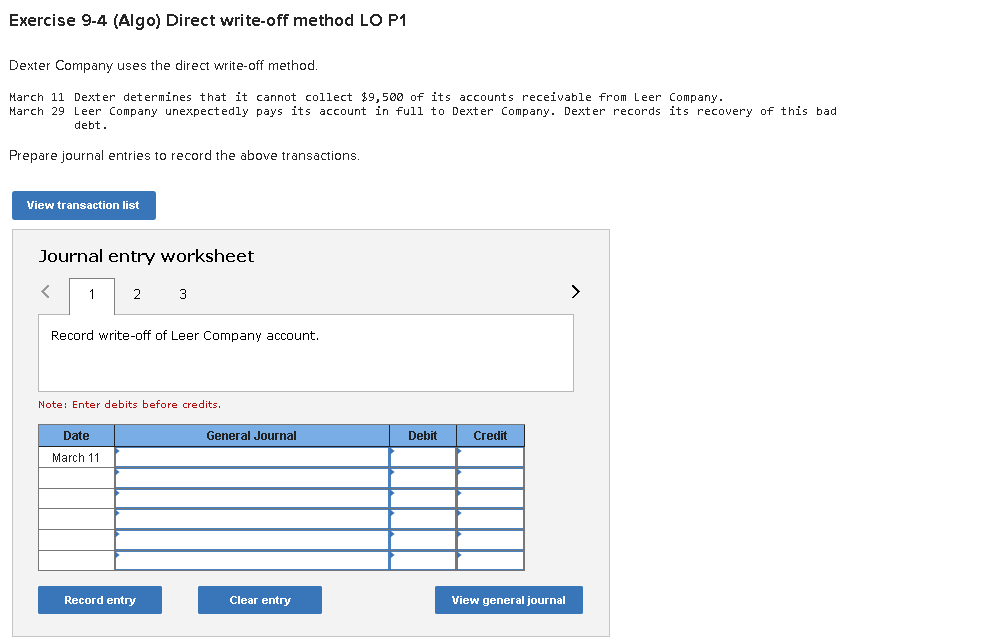 Solved Exercise 9-4 (Algo) Direct write-off method LO P1 | Chegg.com