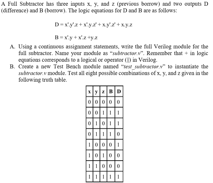 Solved A Full Subtractor has three inputs x, y, and z | Chegg.com