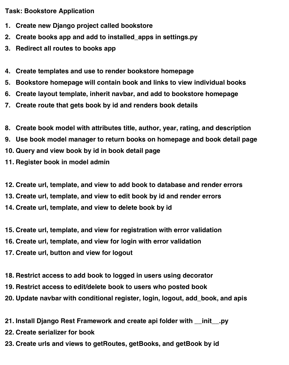 Solved Task: Bookstore ApplicationCreate new Django project | Chegg.com