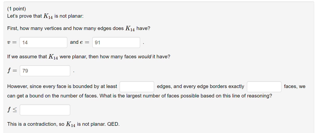 Solved (1 point) Let's prove that K14 is not planar: First, | Chegg.com