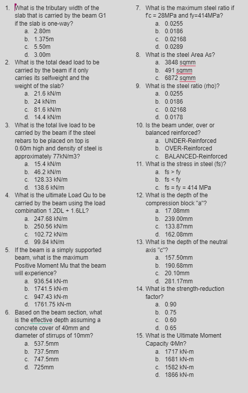 Solved PLAN VIEW1. What is the tributary width of the slab | Chegg.com