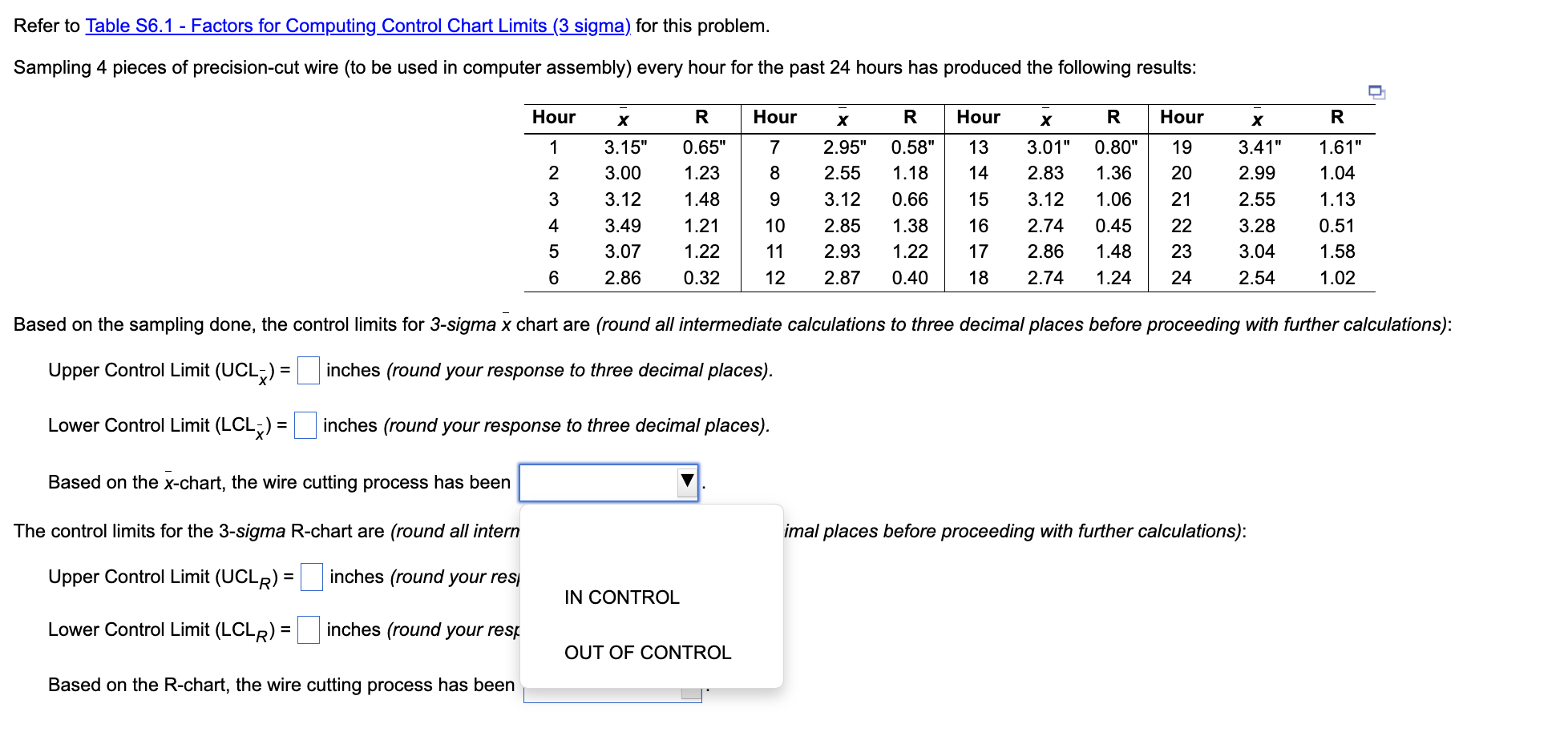 Solved Refer to Table S6.1 - Factors for Computing Control | Chegg.com