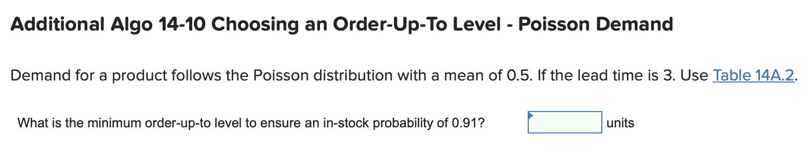 Solved Additional Algo 14-10 Choosing an Order-Up-To Level - | Chegg.com