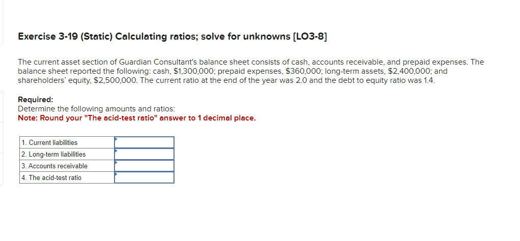 Exercise 3-19 (Static) Calculating ratios; solve for | Chegg.com