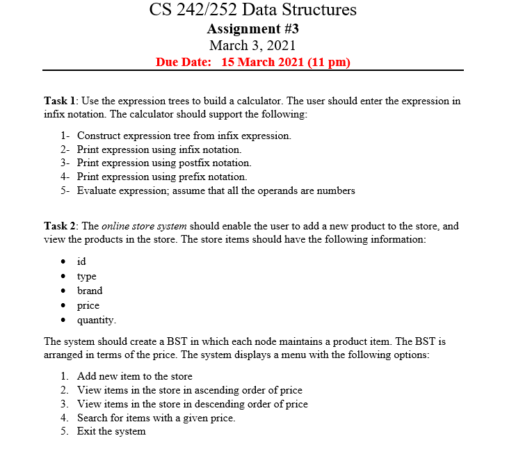 CS 242/252 Data Structures Assignment #3 March 3, | Chegg.com