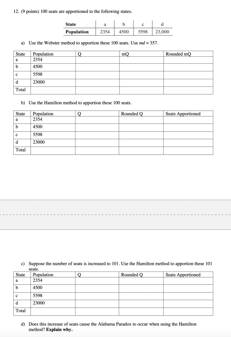 Solved 12. (9 points) 100 seats are apportioned to the | Chegg.com