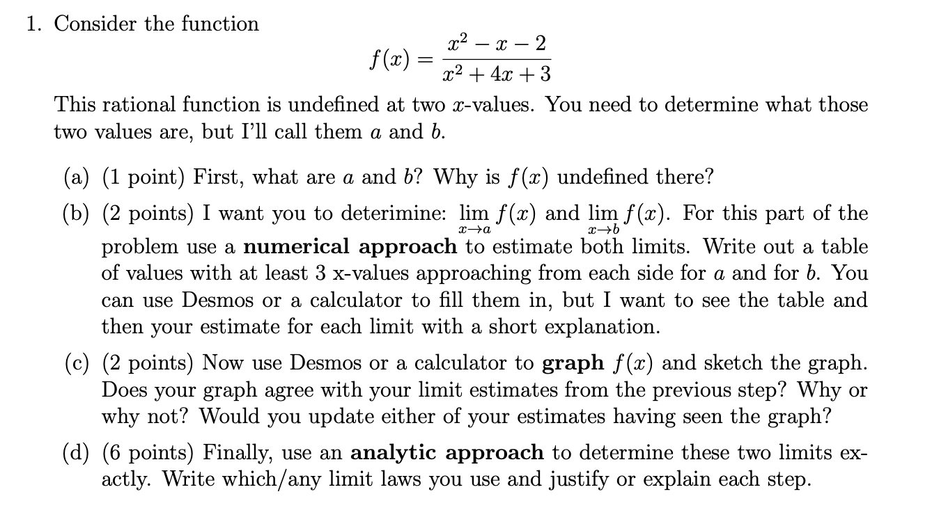 Solved 1. Consider the function f(x)=x2+4x+3x2−x−2 This | Chegg.com