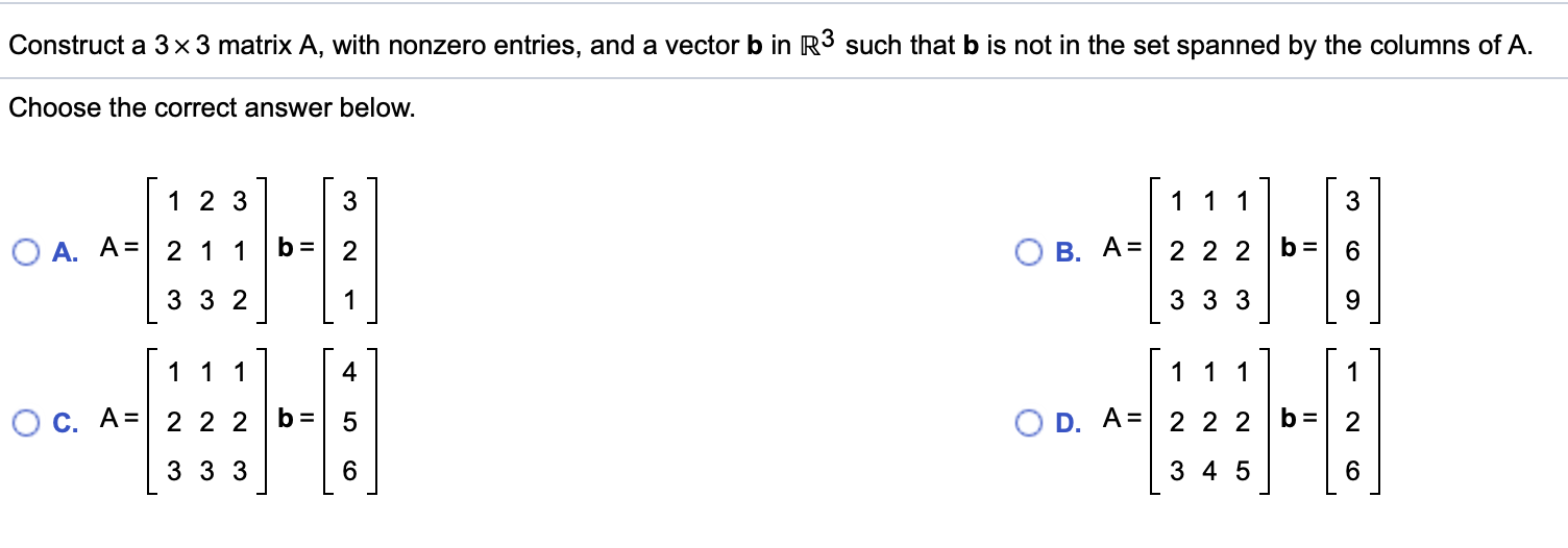 Solved Construct a 3x3 matrix A, with nonzero entries, and a | Chegg.com
