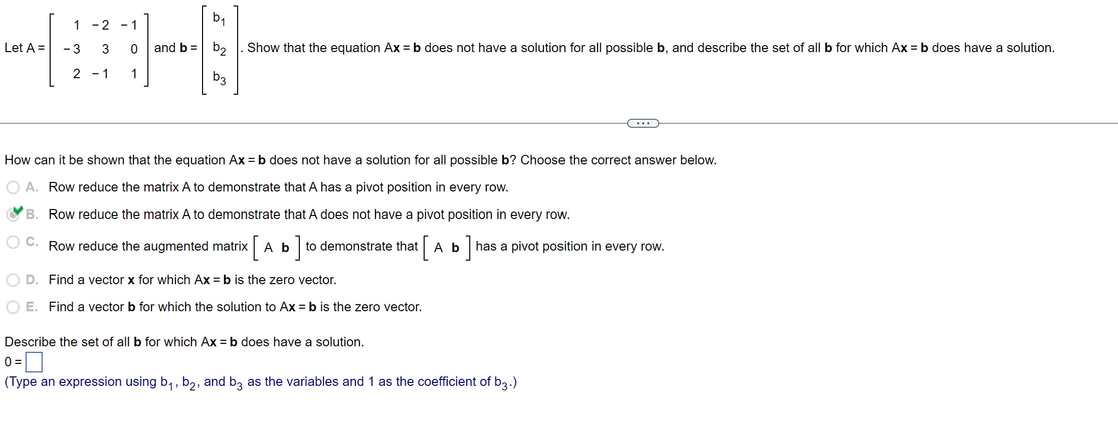 Solved Let A=⎣⎡1−32−23−1−101⎦⎤ and b=⎣⎡b1b2b3⎦⎤. Show that | Chegg.com