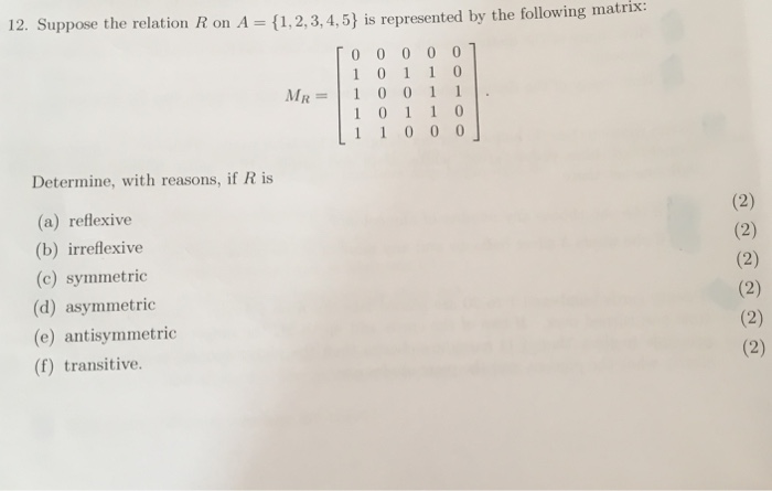 Solved 12. Suppose the relation R on A (1,2,3,4,5) is | Chegg.com